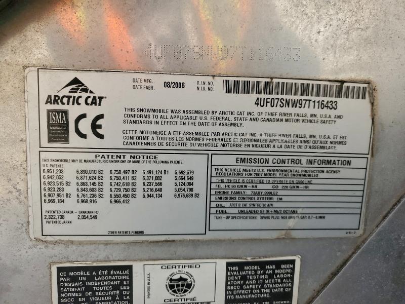 4UF07SNW97T116433 - 2007 ARCTIC CAT 1000, BURN - price history, history ...